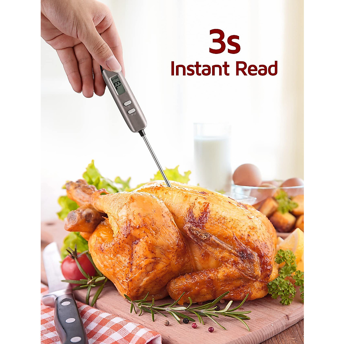 YaungBass Digital Meat Thermometer, Instant Read Cooking Food Thermometer with 4.7in Long Probe for Grill Candy, Kitchen Thermometer for BBQ Smoker Oven Oil Milk Yogurt, 1-Silver