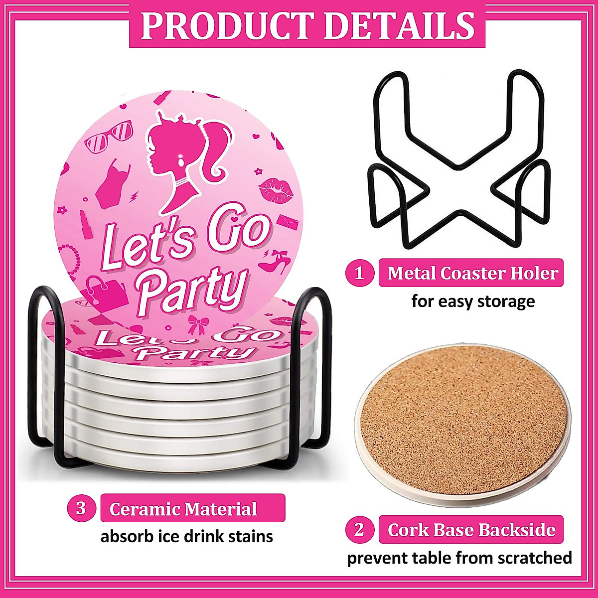 Drink Coasters with Holder, Absorbent Coaster Sets of 6, Let's Go Party Pink Girl Ceramic Coasters for Tabletop Protection,Suitable for All Kinds of Cups, Wooden Table, Cool Home Decor, 4 Inches