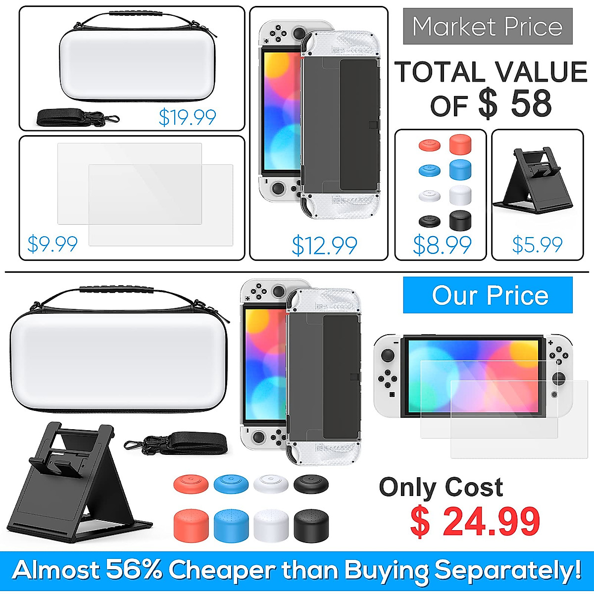 16 in 1 Accessories Bundle Compatible with Nintendo Switch OLED - Carrying Bag with Card Slots, Tempered Glass Screen Protector, PC Protective Case Cover, Kickstand & Thumb Grip Caps for OLED, White