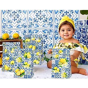 JeVenis 12 PCS Capri Lemon Party Favor Bags Capri Lemon Party Decorations Blue Tiles and Lemon Party Supplies for Capri Lemon Birthday Wedding Bridal Shower