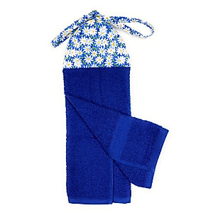 White and Yellow Daisy Daisies on Blue Reversible Ties On Stays Put Kitchen Bathroom Hanging Loop Hand Dish Towel