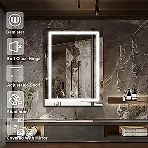 Janboe 20 Inch X 28 Inch Surface Mount LED Lighted Mirror Medicine Cabinet Single Door Bathroom Cabinet Double Touch Switches for Dimmer and Anti-Fog Function