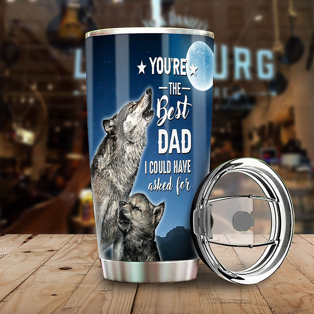 To My Dad Tumbler with Lid Double Wall Tumbler Stainless Steel 20oz Travel Coffee Mug Wolf Dad Gift for Dad Birthday Father Day Wolf Lovers