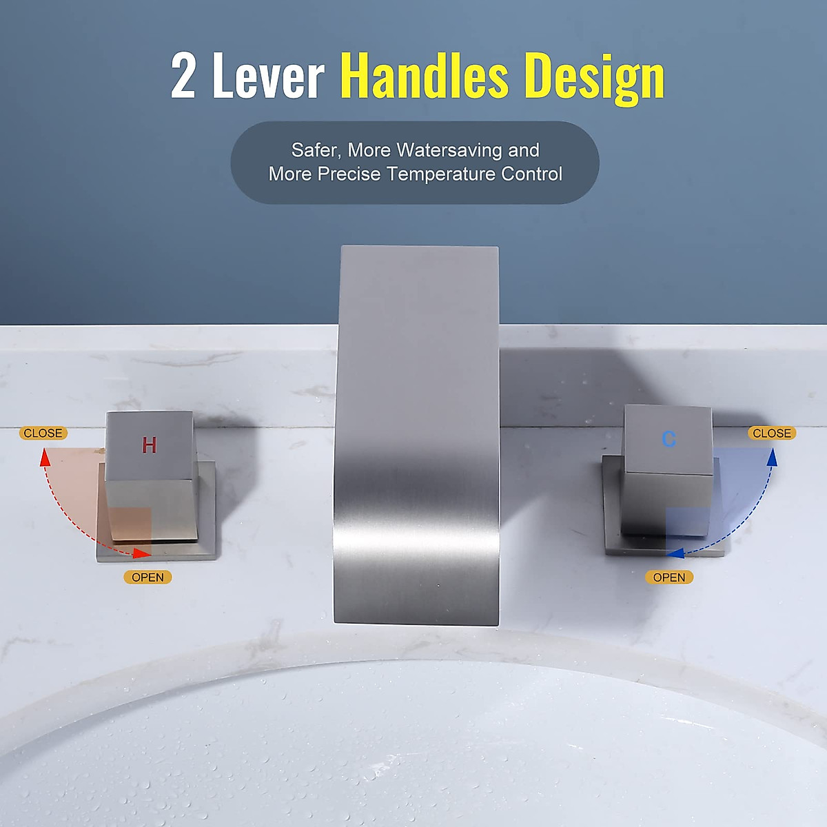 ARCORA Brushed Nickel Waterfall Bathroom Faucet - 8 Inch Widespread Bathroom Faucets for Sinks 3 Hole, Modern 2 Handles Bathroom Sink Faucet with Pon Up Drain and cUPC Supply Lines