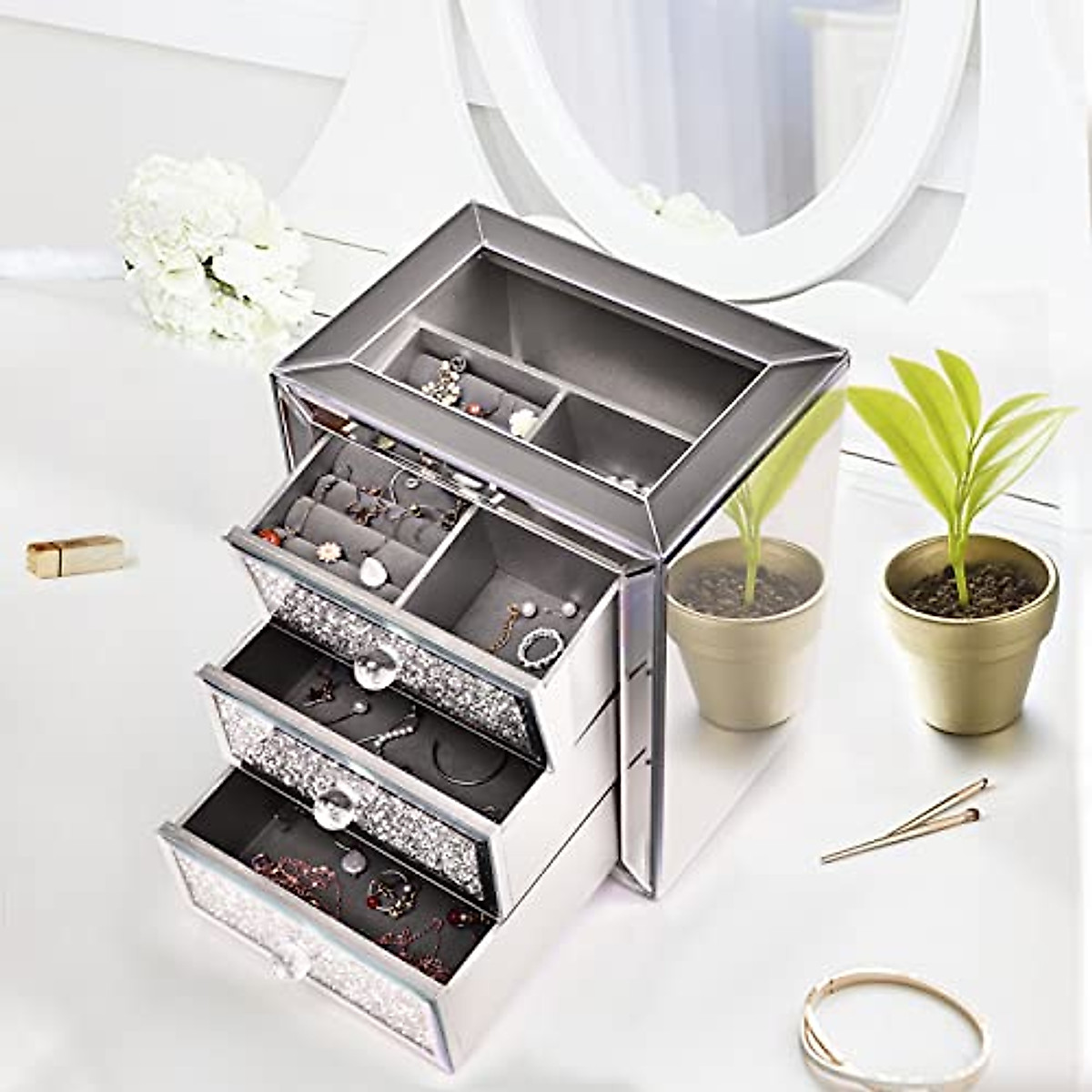MOMNGNE Mirrored Glass Jewelry Box with 3 Drawer, Multi-layer Crushed Diamond Glass Mirrored Jewelry Box for Women,Mothers Day Gift
