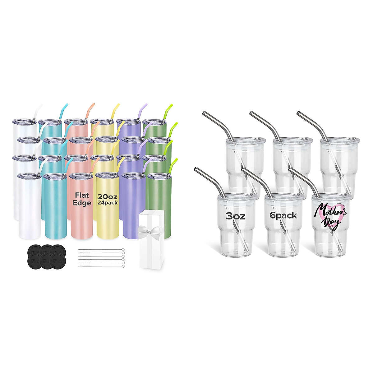 FASTSUB 20 OZ Glitter Sublimation Tumblers 24 Pack and 3 OZ Sublimation Shot Glasses Clear 6 Pack