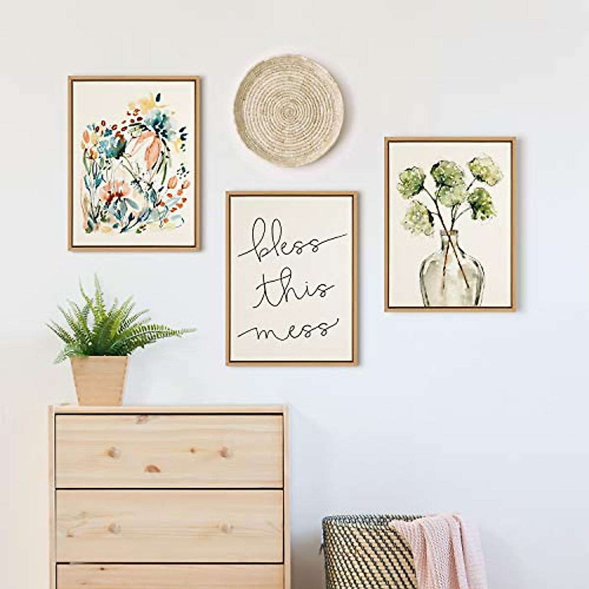 Kate and Laurel Sylvie Bless This Mess Framed Linen Textured Canvas Wall Art by Maggie Price of Hunt and Gather Goods, 18x24 Natural, Humorous Motivational Art for Wall