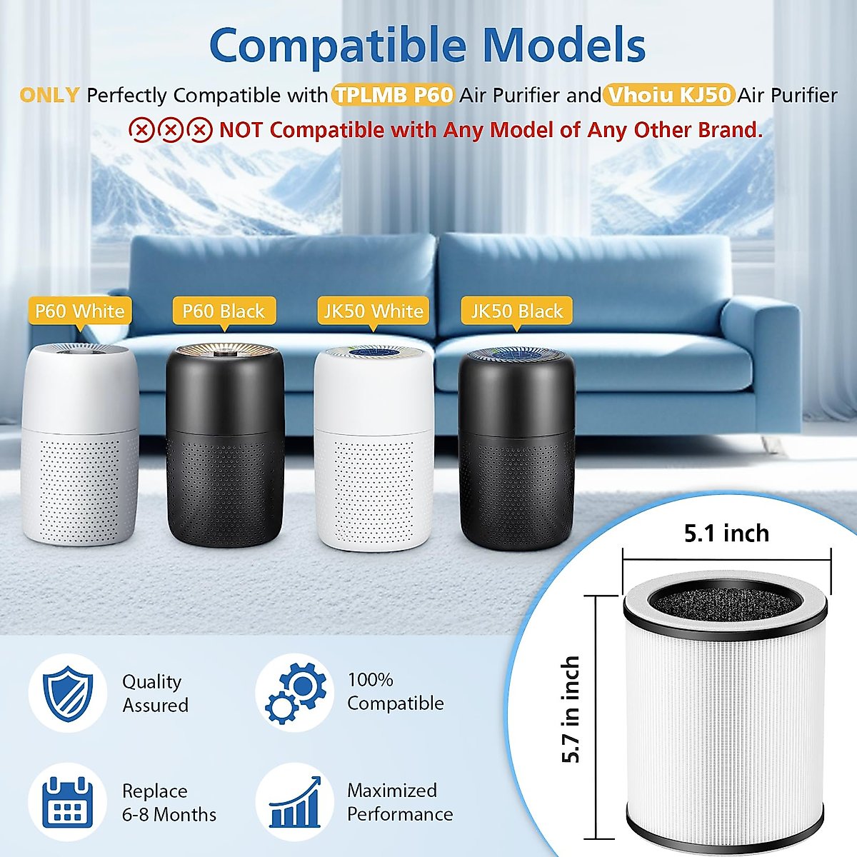 4 Pack P60 Replacement Filter Only Compatible with TPLMB P60 Air Purifier and Vhoiu KJ50 Air Purifier, H13 True HEPA Filter, 3-in-1 Nylon Pre-Filter, HEPA Filter, High-Efficiency Carbon Filter