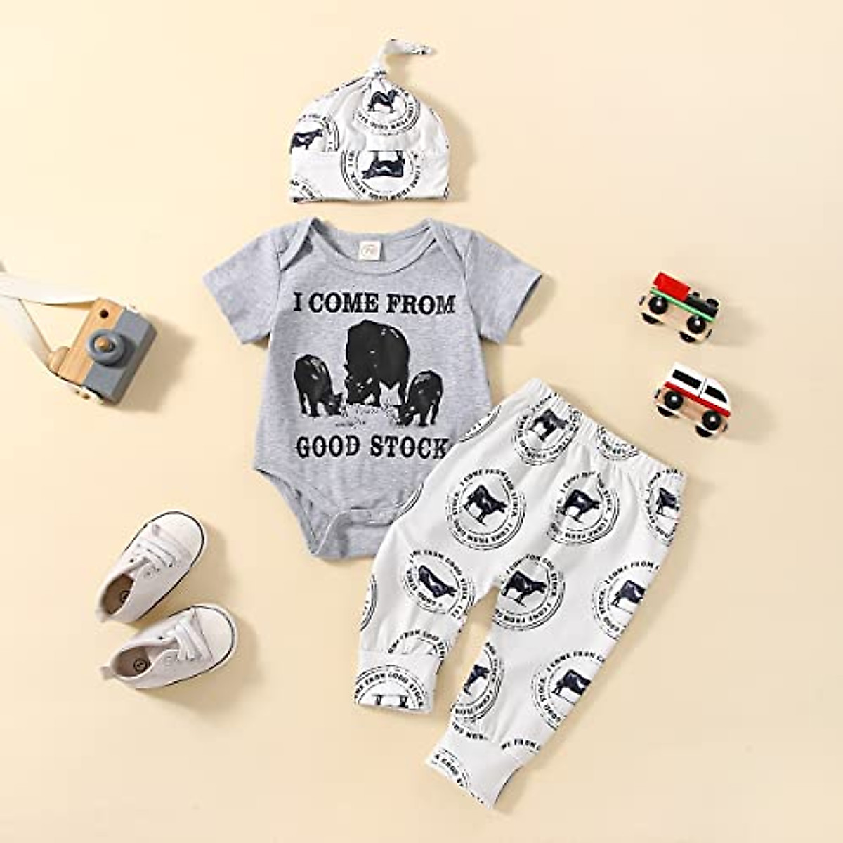 3PCS Newborn Baby Boy Clothes Western Cowboy Letter Printed Bodysuit Romper Pants Hats Coming Home Outfits (Come Good Stock Summer, 0-3 Months)