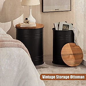 BRIAN & DANY 2 Pack Farmhouse Accent Side Table, Rustic Storage Ottoman Seat Stool with Round Wood Lid, Galvanized Metal Storage Bin for Living Room Furniture, Black