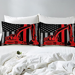 Feelyou American Flag Excavator Duvet Cover Cartoon Excavator Comforter Cover Red Construction Site Car Bedding Set for Kids US Flag Vehicle Truck Cars Bedspread Cover Twin Size Zipper (No Comforter)