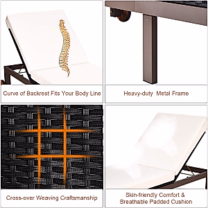 Tangkula Patio Chaise Lounge Chair, Outdoor Rattan Lounger Recliner Chair with Wheels, Wicker Chaise Chair with Cushioned Seating, Recliner 5-Position Adjustable for Garden, Patio, Poolside (1, Beige)