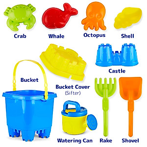 PREXTEX 10 Piece Beach Sand Toys Set for Kids - Bucket with Sifter, Shovel, Rake, Watering Can, 5 Animal and Castle Sand Molds for Kids & Toddlers - Sand Buckets and Shovels for Kids, Beach Toy Set