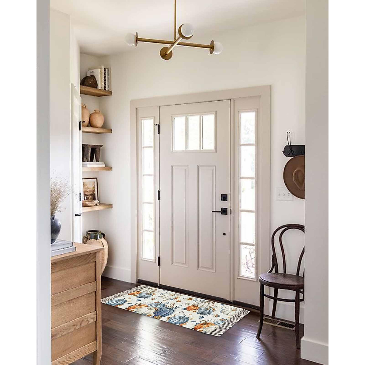Thanksgiving Orange Blue White Pumpkins Hallway Runner Rug 2x6ft,Fall Eucalyptus Washable Woven Living Room Bedroom Kitchen Bathrom Carpet with Tassels Indoor Outdoor Throw Door Mat for Entryway