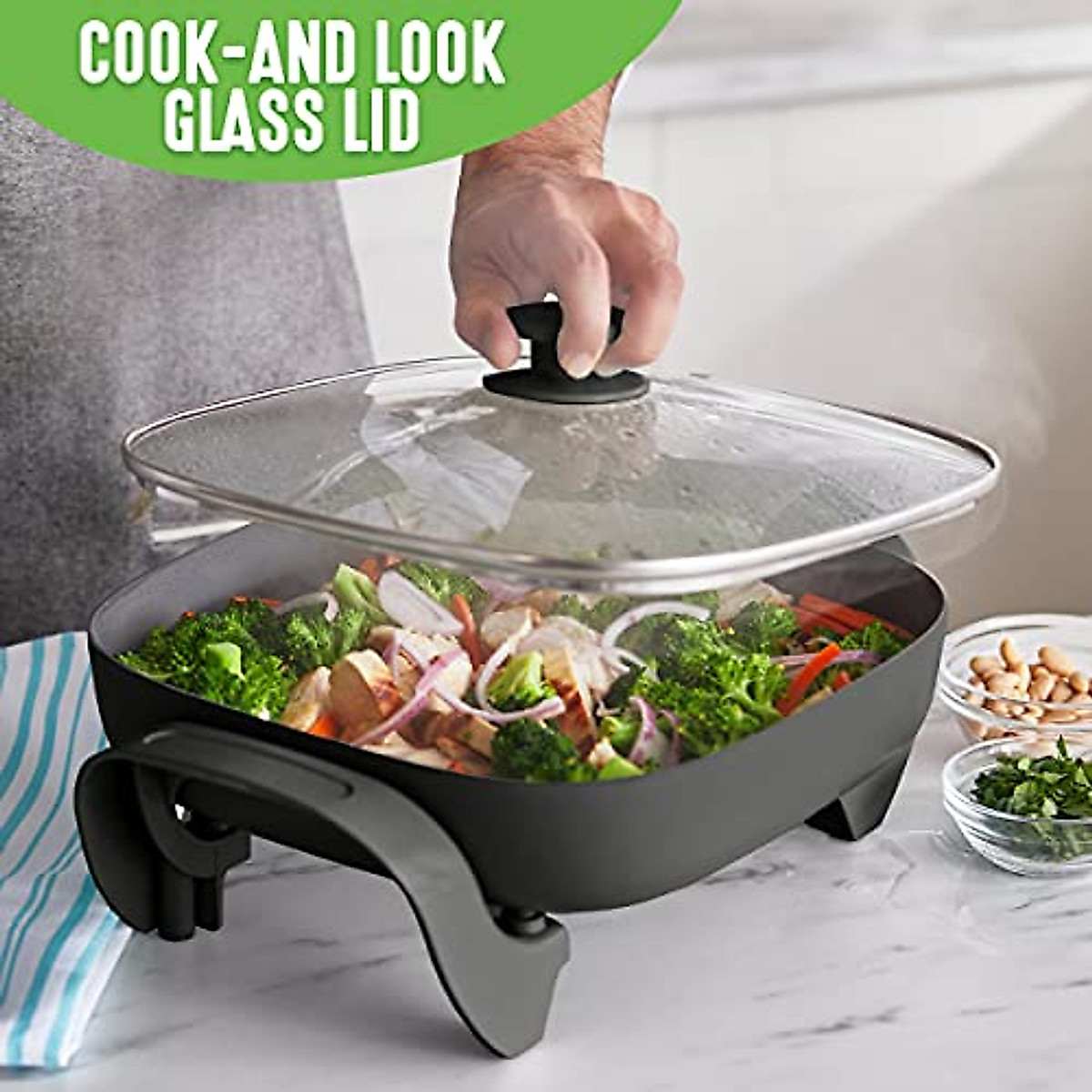 GreenLife Healthy Ceramic Nonstick, 12" 5QT Square Electric Skillet with Glass Lid, Dishwasher Safe, Adjustable Temperature Control, PFAS-Free, Black