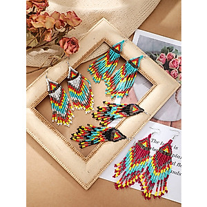BBTO 4 Pcs Long Beaded Tassel Earrings Bohemia Colorful Native Handmade Statement Fringe Drop Earrings Boho Dangle Tassel Earrings for Women(Exotic)