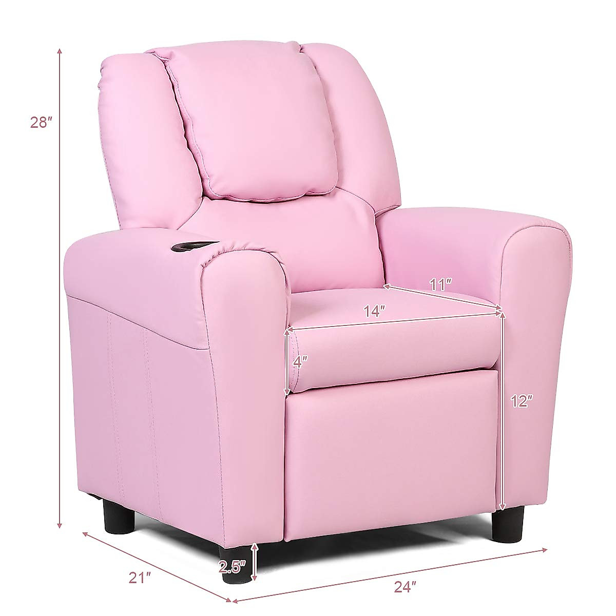 BETTARY Kids Recliner Chair, Children PU Leather Lounge Chair with Adjustable Backrest, Footrest, Headrest & Cup Holder, Toddler Couch for Boys & Girls, Pink