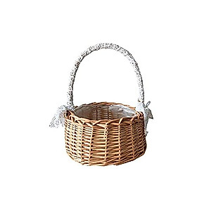 Rattan Flower Girl Hand Basket for Wedding Picnic, Retro Hand Woven Basket with Handle for Home Garden Decor(S)