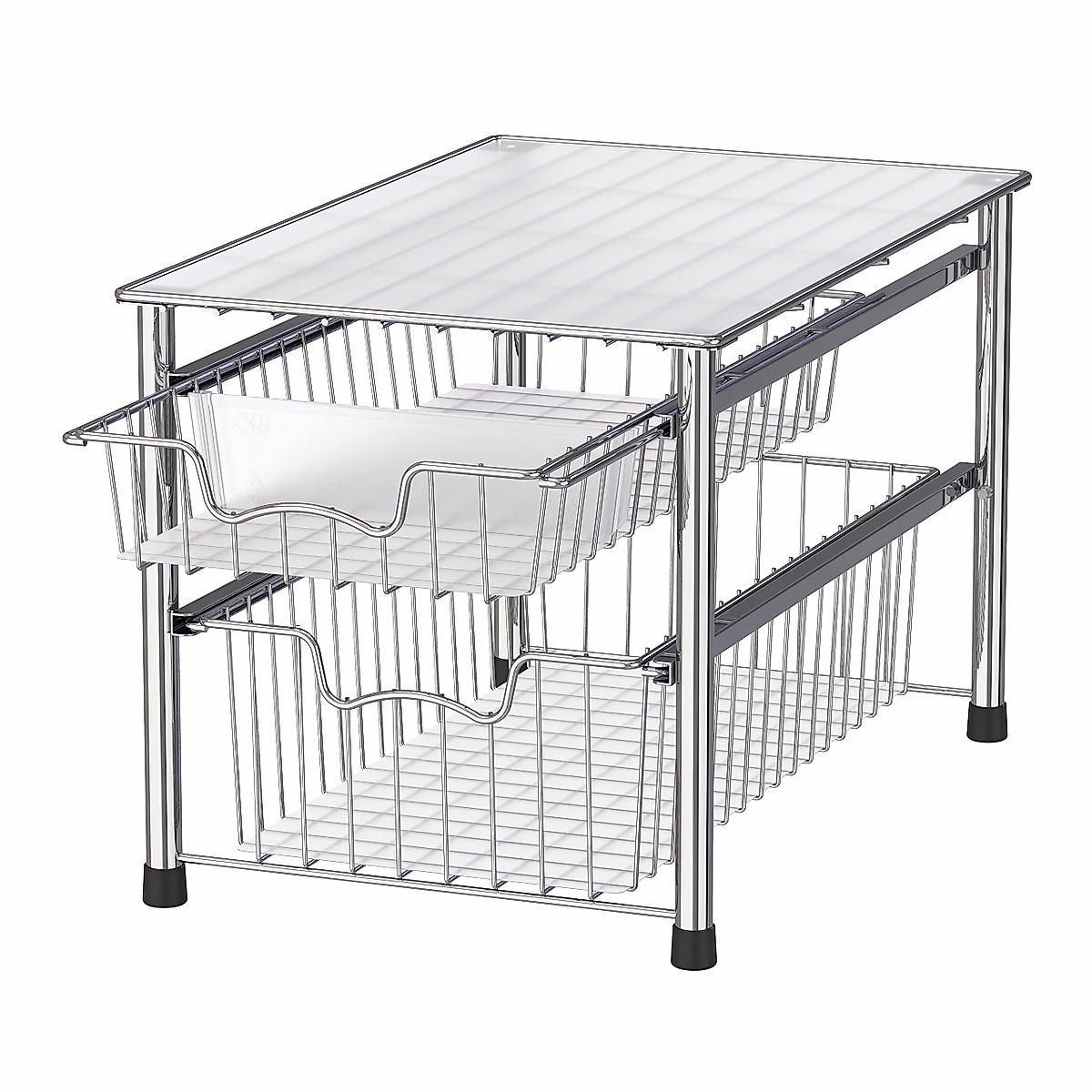 SimpleHouseware Stackable 2 Tier Sliding Basket Organizer Drawer, Chrome