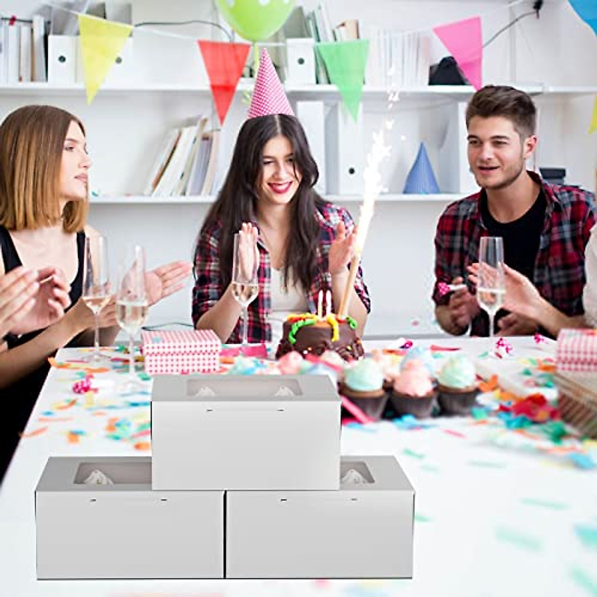 Feelfine 30pcs Cake Boxes 6x6x3 Inches White Bakery Boxes with Window Small Pastry Boxes Cookie Boxes Dessert Boxes for Cookies, Strawberries, Cupcakes, Pastries, Donuts