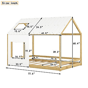 Bellemave House Bed Full Size Montessori Style Floor Bed Frame Wood Kids Cabin Beds Fun Playhouse Bed with Roof and Window for Girls Boys Teens, White with Natural