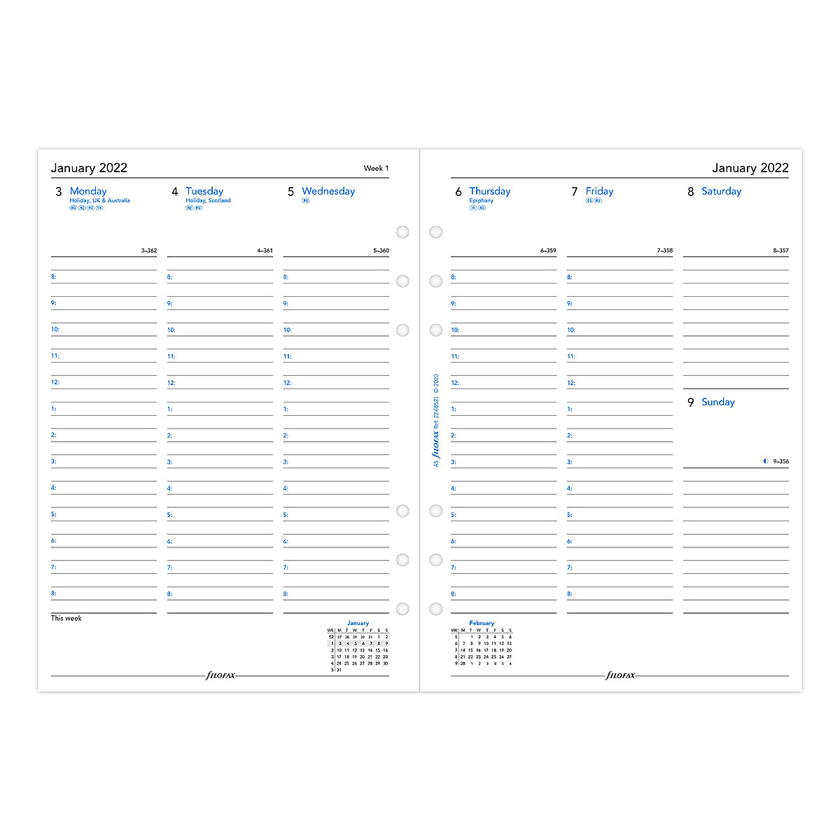 Filofax A5 Week on Two Pages English 2022 Diary