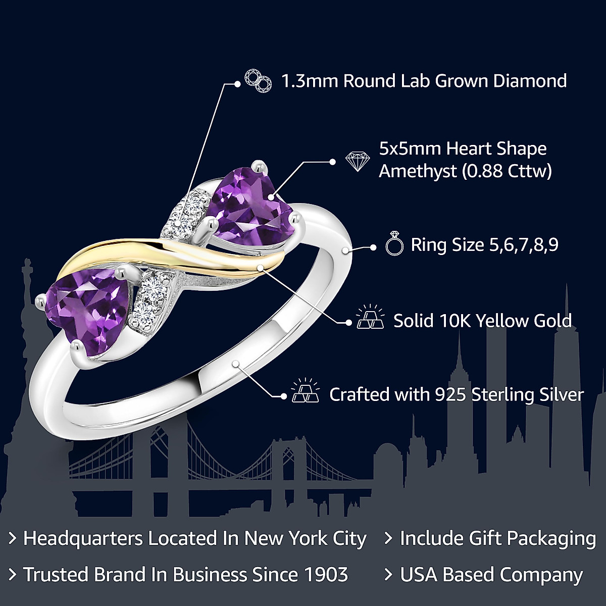 Gem Stone King 925 Sterling Silver and 10K Yellow Gold Heart Shape Purple Amethyst and White Lab Grown Diamond Women Ring (0.88 Cttw, Gemstone Birthstone, Available In Size 5, 6, 7, 8, 9)