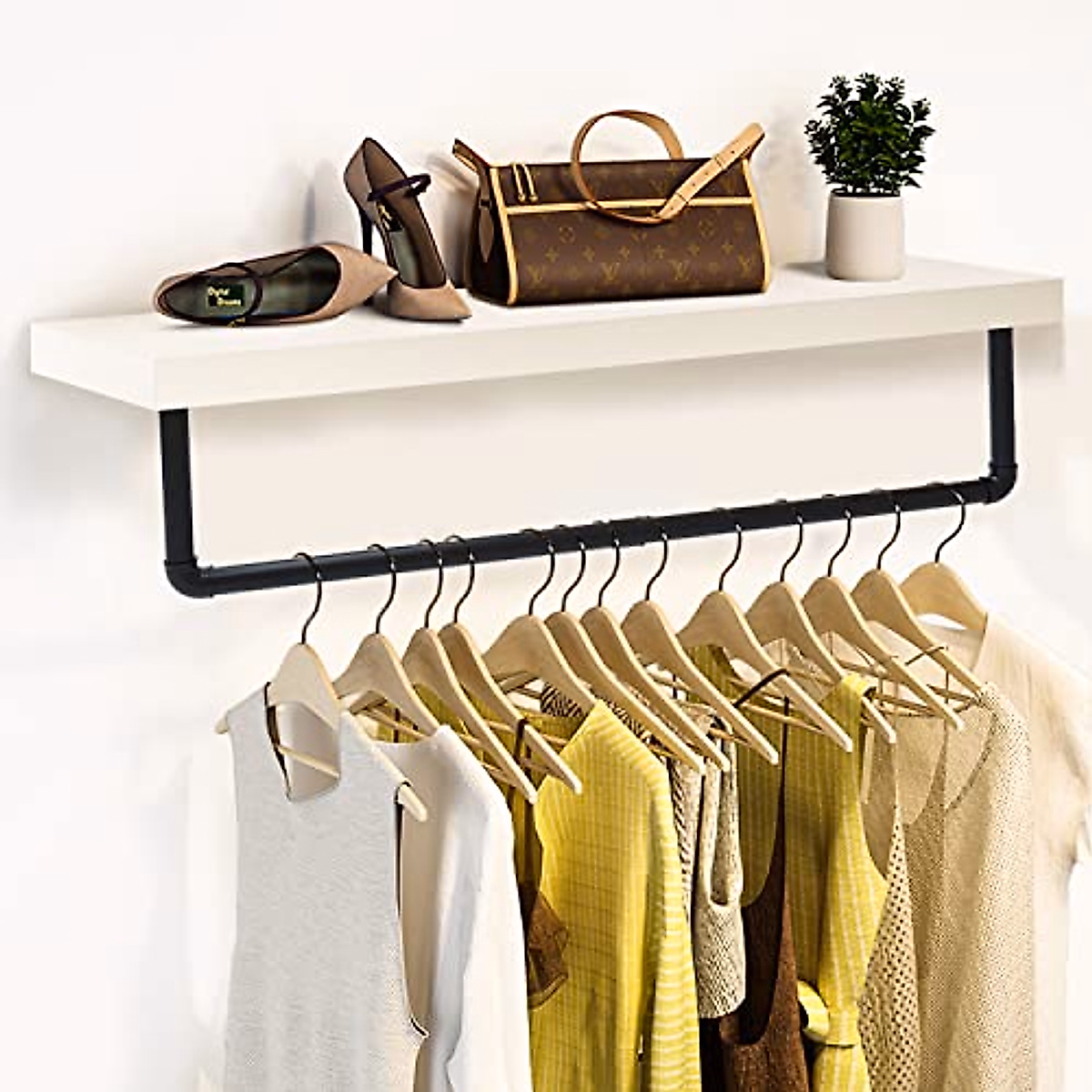 ERYTLLY Industrial Pipe Clothes Rack 36.2”,Multi-purpose Wall Mounted Iron Garment Rod,Heavy Duty Detachable Hanging Clothes Rack for Closet Rod,Black