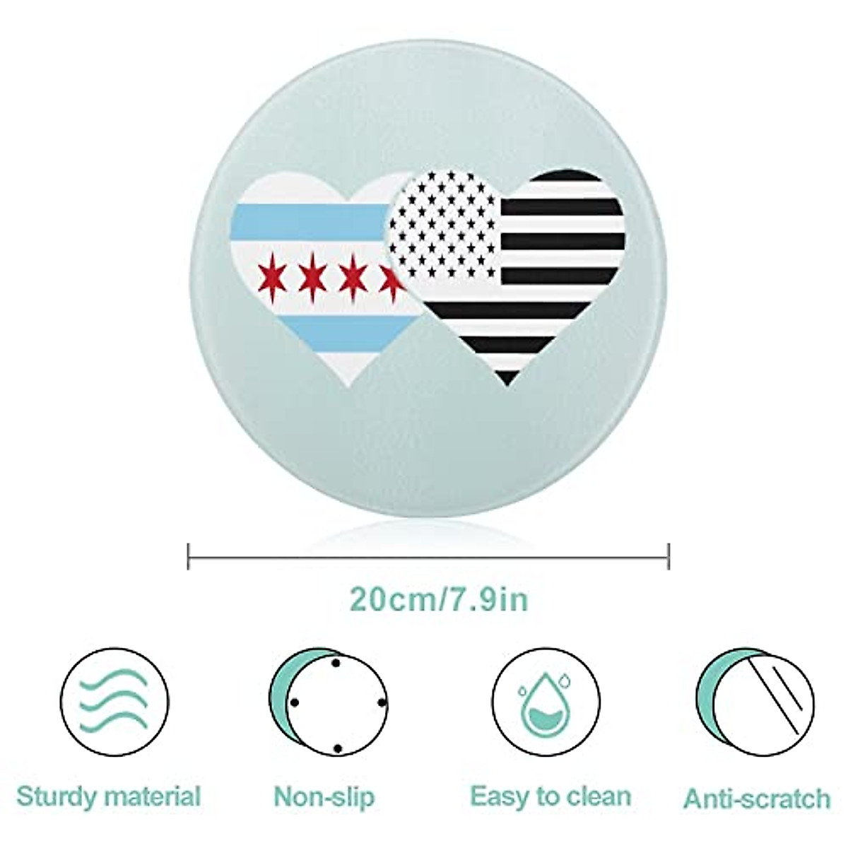 Chicago Flag and American Flag Glass Cutting Board Round Kitchen Decorative Chopping Blocks Mats Food Tray for Men Women