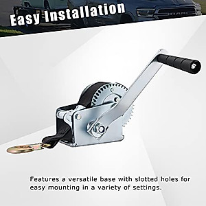 ATPEAM Boat Trailer Winch, Heavy Duty Hand Winch with 5m Black Strap Gear Hand Winch with Crank Handle, Manual Winch for Towing (800LBS)