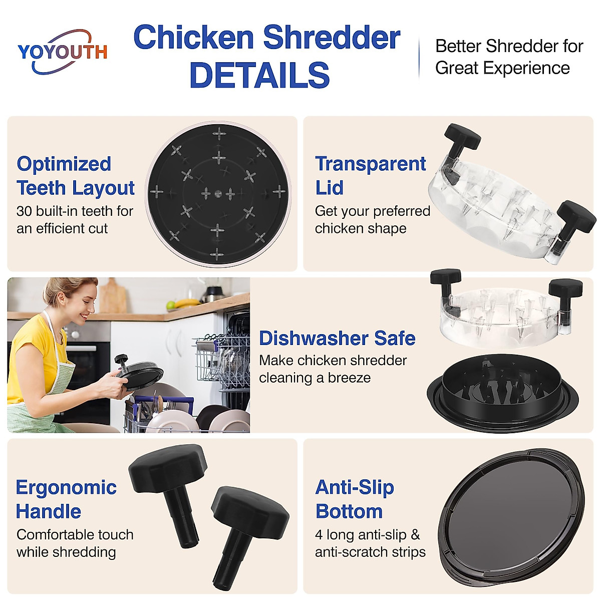 Chicken Shredder Tool Twist Large: 2025 Pro & Standard Food-Grade Visible Meat Shredder Tool Twist with Anti-Slip Petal-Like Base, Chicken Breast Shredder, Chicken Grinder (Black, Standard - 8")