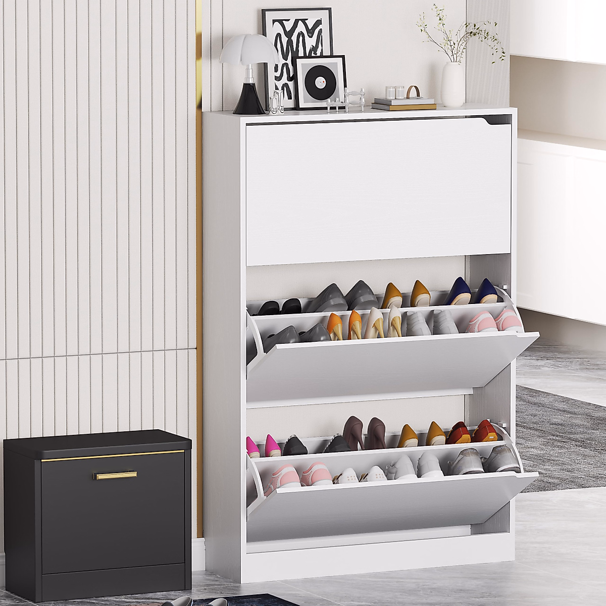 Boonatu Shoe Cabinet Storage for Entryway, Shoe Cabinet Storage with 3 Flip Drawers, Shoe Cabinet for Entryway Slim Space, 3 Tier White Shoe Cabinet Freestanding Wood Shoe Rack for Entryway, Hallway