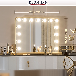 Keonjinn Gold Vanity Mirror with Lights, 15 Replaceable Bulbs Hollywood Makeup Mirror with 2 Replacement Bulbs, 3 Color Lights, Aluminum Metal Frame, USB Charging Port, 23" x 18" Large Lighted Mirror
