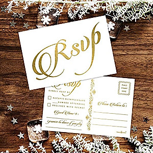PARTH iMPEX RSVP Postcards for Wedding - (Pack of 50) Gold Foil Stamping with Mailing Side 4"x6" Response Cards All Occasion Mailable - White