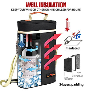 Insulated Leakproof Wine Cooler Bag, Portable Padded Wine Bottle Carrier for Picnic, BYOB, Restaurant, Beach - 2 Bottle, 14" x 9.2" x 4" (Black)