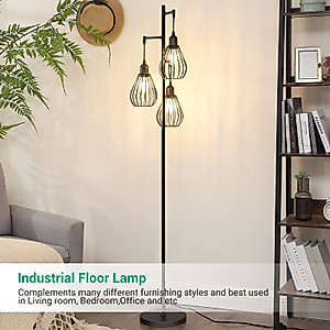 EDISHINE Industrial Floor Lamp, Tree Floor Lamp with 3 Elegant Teardrop Cage Head & 4W 3000K Edison Bulbs, Sturdy Base Standing Floor Lamp for Bedroom, Living Room, Office, E26 Base