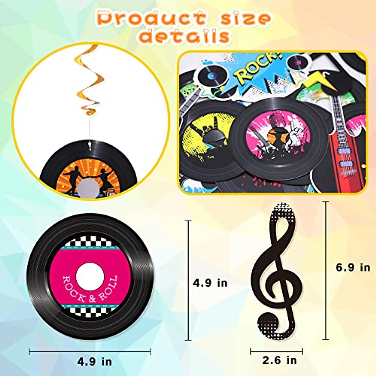 60 Pieces 50s Party Rock and Roll Music Party Decorations Hanging Swirls Music Record Cutouts Hanging Banner Double Sides Ceiling Decor with Streamer Garden Decor for Music Birthday Party Supplies