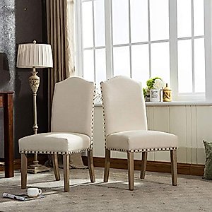 Roundhill Furniture Mod Urban Style Solid Wood Nailhead Fabric Padded Parson Chair (Set of 2), Tan
