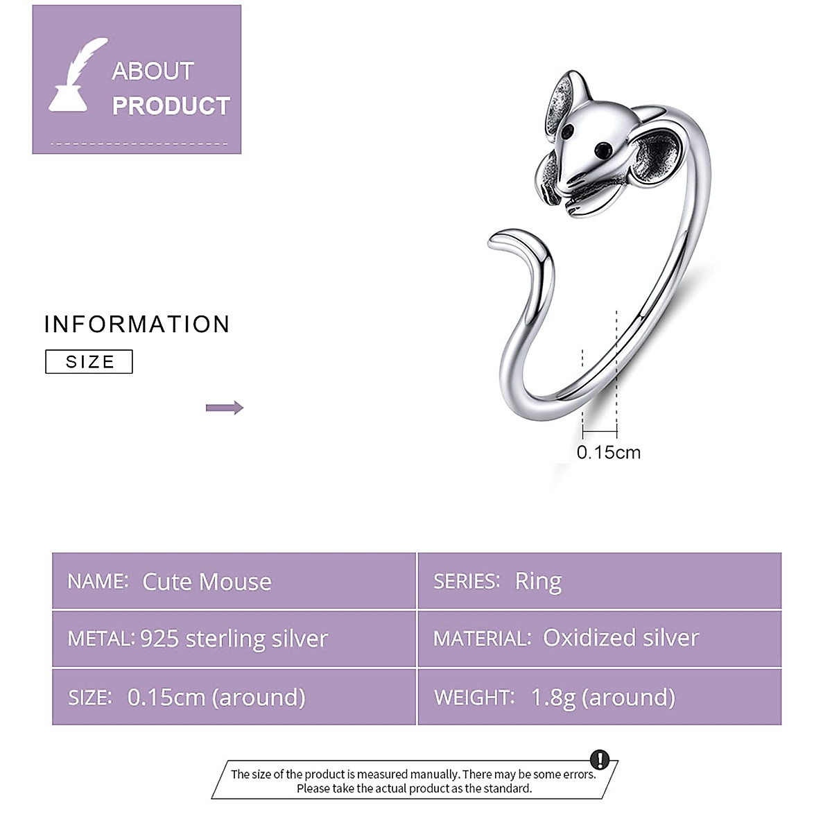 Qings Cute Mouse Ring 925 Sterling Silver Cubic Zirconia Open Ring, Adjustable Animal Wrap Ring Jewelry Gift for Women