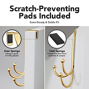 LEVAF 2-Pack Over The Door Hook - with 3 Hang Heads & Snug Fit Pads- 2Pcs Heavy Duty Hooks for Hanging Coats, Towels, Caps & Robes - Elegant Matt Finish - No Drill Hanger Organizer - Gold