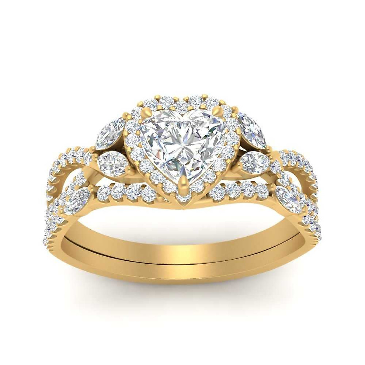 CaratYogi Heart Halo Bridal Ring Set 14k Yellow Gold Plated Created Cubic Zircon Heart shape White color Wedding Ring Sets pave Setting in Size 12 Minimal Surprise Gifts for Ladies