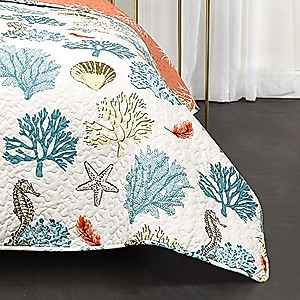 Lush Decor Full Queen-Blue and Coral Coastal Reef Quilt-Reversible 7 Piece Bedding Set with Feather Seashell Design