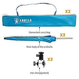 AMMSUN 2 PCS Chair Umbrella with Clamp 43 inches UPF 50+,Portable Clamp on Patio Chair,Beach Chair,Stroller,Sport chair,Wheelchair and Wagon,Bright Blue,2 Pack