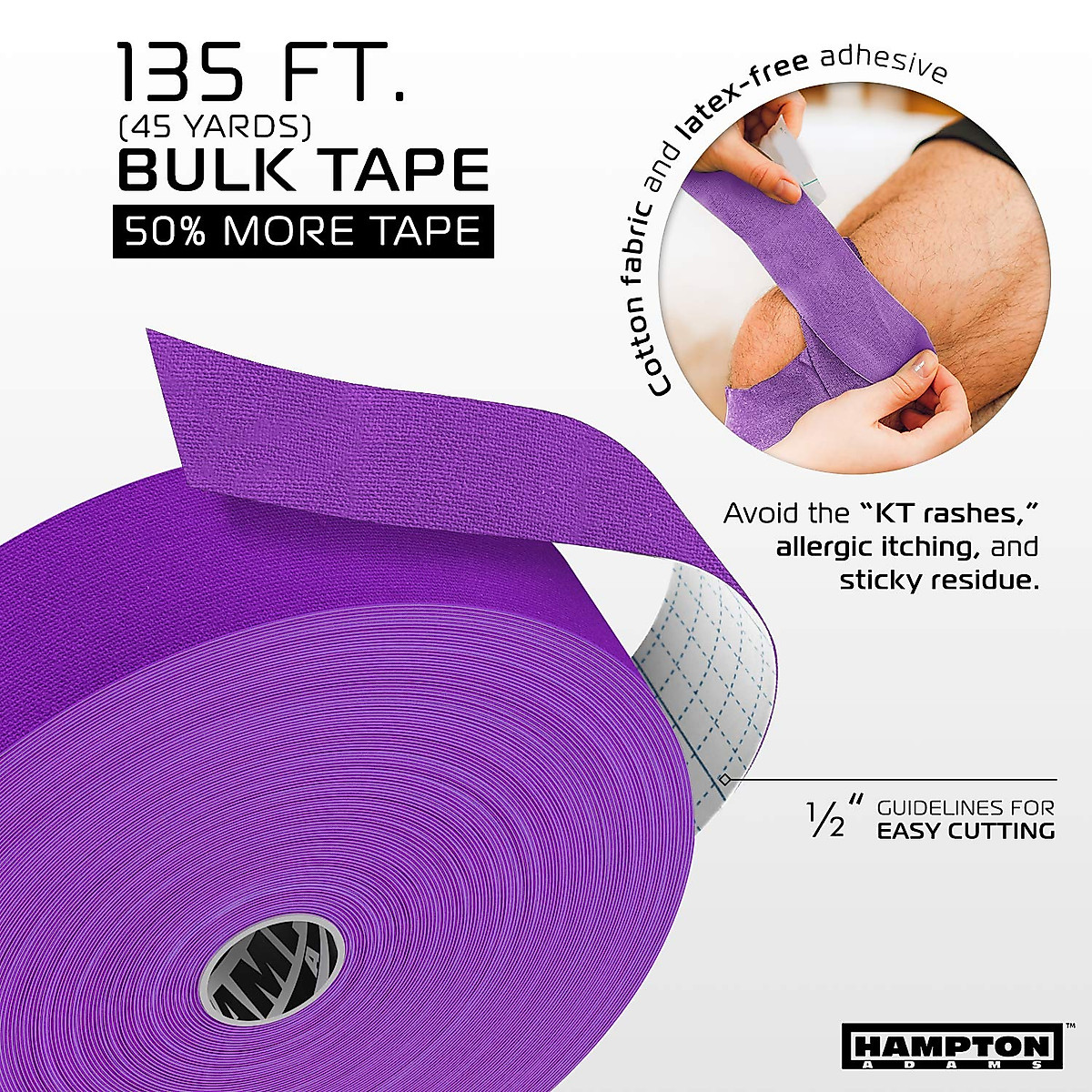 (135 Feet) Bulk Kinesiology Tape Waterproof Roll Sports Therapy Support for Knee, Muscle, Wrist, Shoulder, Back / Original Uncut Premium Therapeutic Elastic & Hypoallergenic Cotton - (Purple)