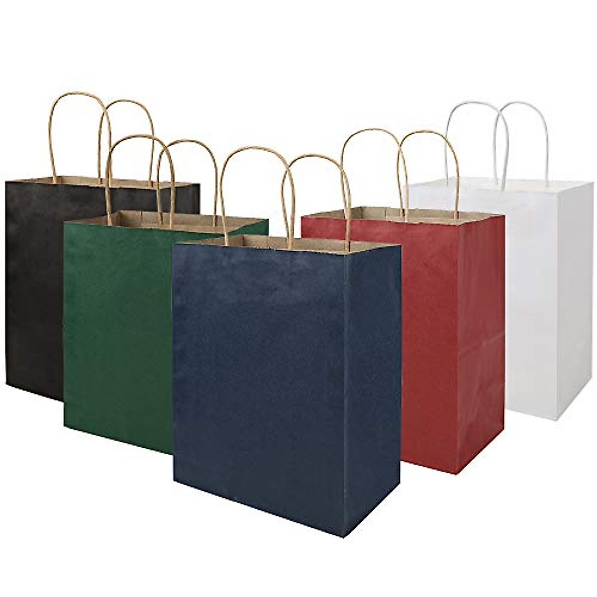 100 Pack Multicolour Medium Gift Bags with Handles Bulk, 8x4.75x10 inch White/Black/Green/Blue/Red Each 20pcs bagmad Kraft Birthday Party Favors Grocery Retail Shopping Craft Paper Bag (Multi Colored)