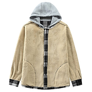 Derbars Men's Cotton Plaid Shirts Jacket Fleece Lined Flannel Shirts Sherpa Button Down Jackets with Hood for Men Black X-Large