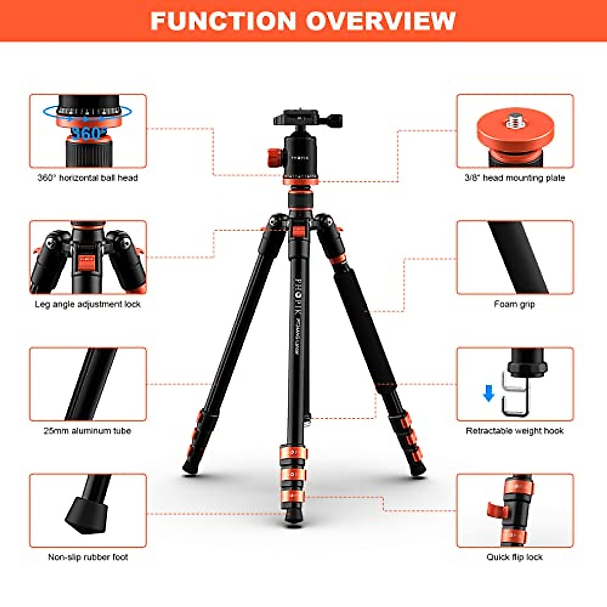 PHOPIK Camera Tripod 76 Inch Camera Tripod with Rotatable Horizontal Center Column, Aluminium Professional Tripod for DSLR with 360 Degree Ball Head, Quick Release Plate