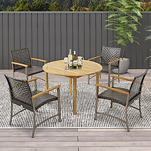Tangkula Patio Dining Chairs Set of 4, Outdoor PE Wicker & Heavy-Duty Metal Chairs with Acacia Wood Armrests, Outdoor Rattan Armchairs for Garden, Backyard, Poolside, Balcony (Mix Brown)