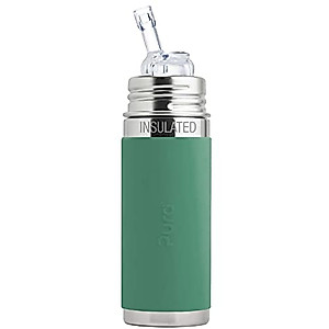 Pura Kiki 9oz/260 ml Stainless Steel Insulated Bottle w/Silicone Straw & Sleeve, 100% Plastic-Free, MadeSafe Certified, 100% Medical-Grade Silicone Straw for Kids, Toddlers, Babies & Infant – Mint