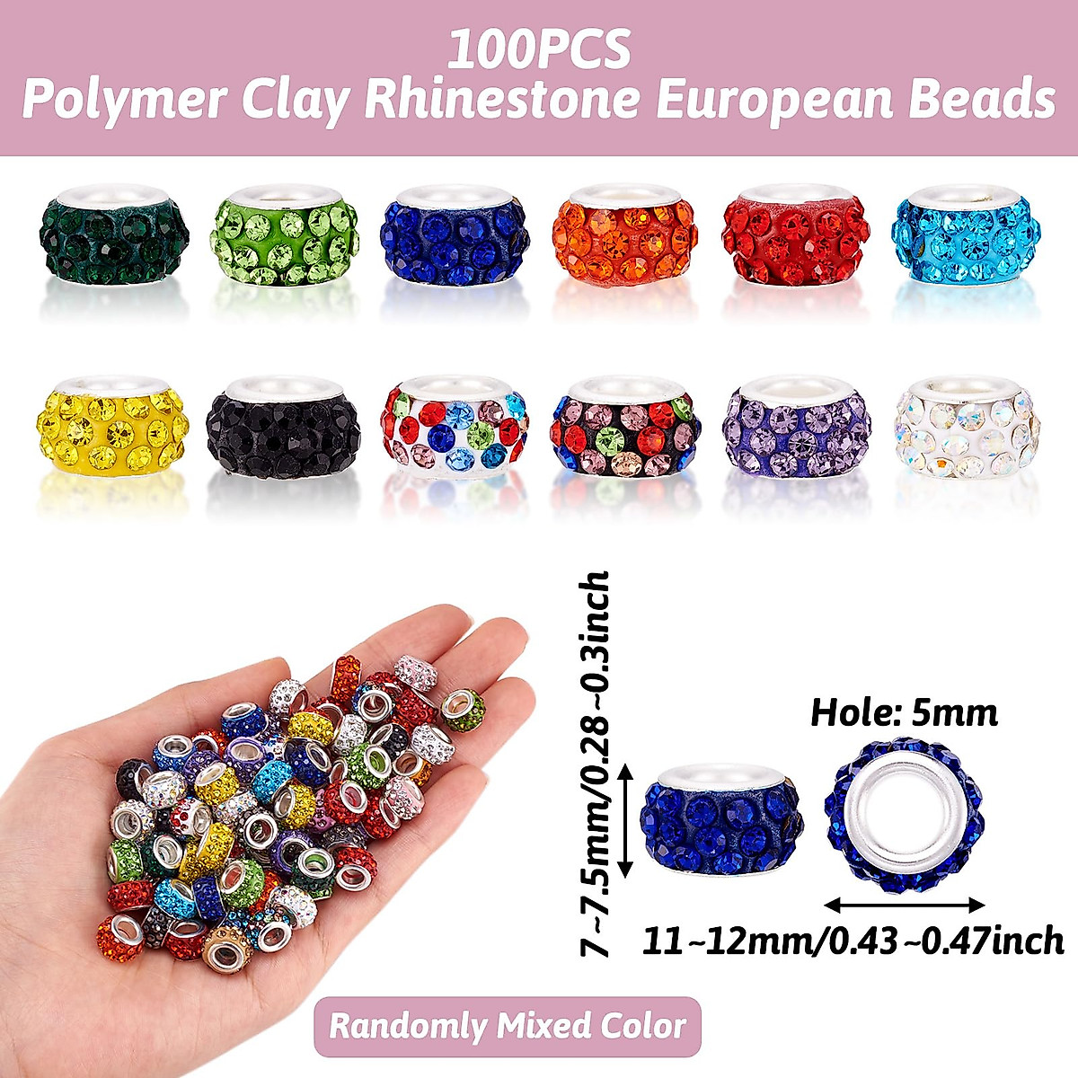 Craftdady 100Pcs Random Mixed Color Polymer Clay Large Hole European Beads with Rhinestone 11-12x7-7.5mm Rondelle Slide Bead Spacers for DIY Snake Chain Bracelet Making 5mm Big Hole